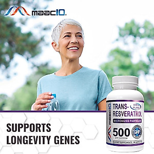 MAAC10 Trans Resveratrol 500mg Supplement (Micronized Pharmaceutical Grade 99% Pure Trans-Resveratrol Extract + BioPerine for Superior Absorption) (2X 250mg Capsules 60ct)