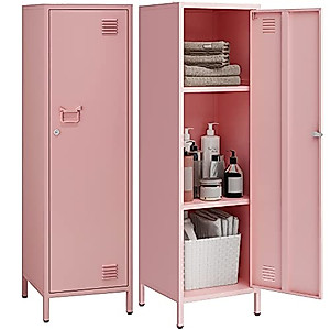 MIOCASA Metal Locker Storage Cabinets with Doors and Shelves Lockable 3 Tier File Cabinet Organizer Coat Lockers for Kids, Living Room, Office, Gym (Pink)
