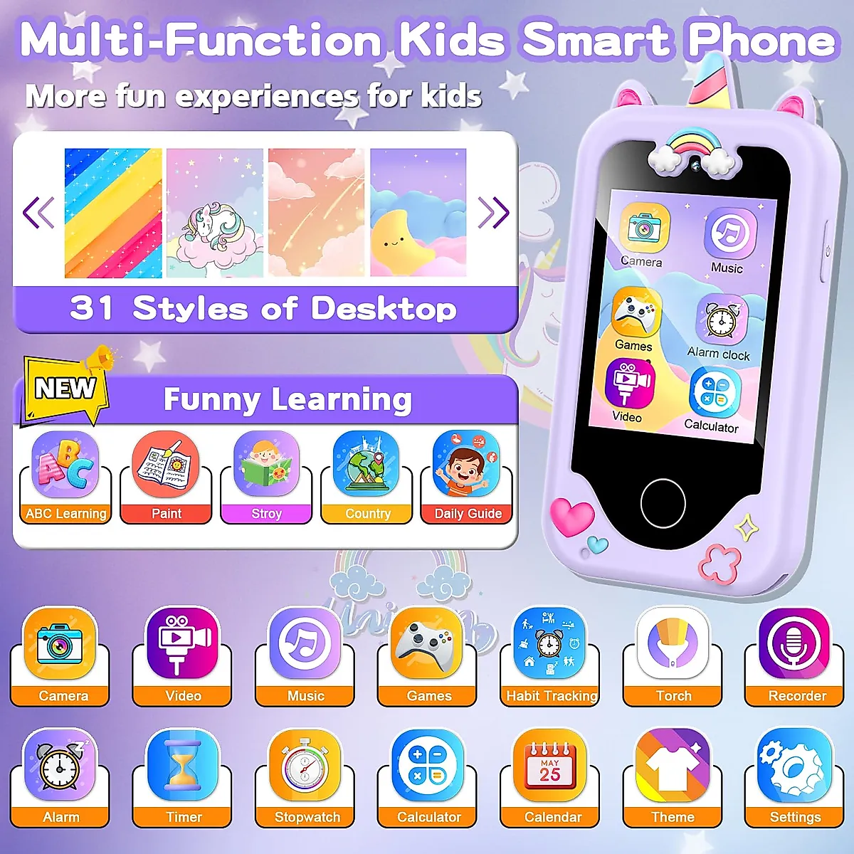 Kids Smart Phone for Girls, Christmas Birthday Gifts for Girls Age 3-10 Kids Toys Cell Phone, 2.8" Touchscreen Toddler Learning Play Toy Phone with Dual Camera, Game, Music Player, 8GB Card Purple