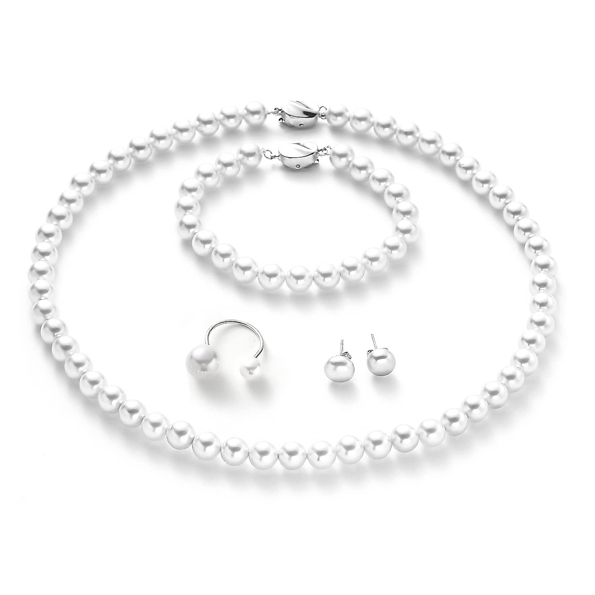 Pearl Necklace Jewelry Set for Women,Complete Set of Pearl Jewelry Includes Necklace Bracelet Earrings, Fashion Pearl Jewelry with Box for Wife Mom Sister Bride Bridesmaid (Simulated Pearl_4 Set)