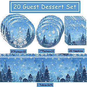 DragzwS Winter Snowflake Paper Dessert Plates Set, Kids Frozen Birthday Party Supplies Plates Snowflake Decorations 20 Guest Paper Dinner Plates, Napkins, Tablecover Snow Princess Party Decorations