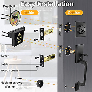 Azdele Black Front Door Handle with Deadbolt and Lever Set, Modern Front Door Lock Set, Black Door Handle with Single Cylinder Deadbolt for Exterior Door, Reversible for Right&Left Handed, Matte Black