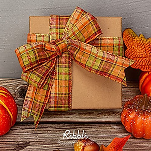 Ribbli Fall Burlap Wired Ribbon with Metallic Edge, 1.5 Inch x 10 Yard,Fall Plaid Ribbon for Big Bow,Fall Wreath,Gift Wrapping, Orange/Burgundy/Green