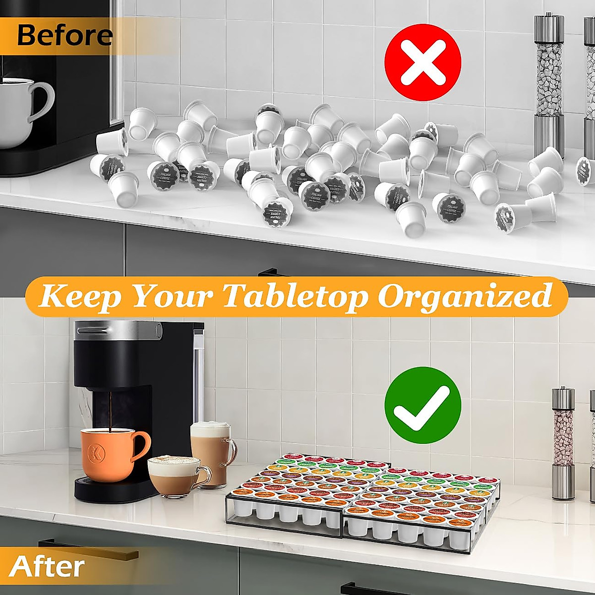 Kssiaz Coffee Pod Holder Drawer, Expandable K Cup Holder Compatible with Keurig K-Cup, K Cup Drawer Organizer Hold 35-70 Coffee Pod Storage for Coffee Station Office and Kitchen, Black