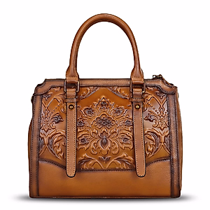 Genuine Leather Satchel for Women Embossed Leather Top Handle Bags Handmade Purse Vintage Crossbody Handbags Hobo Bag (Brown)