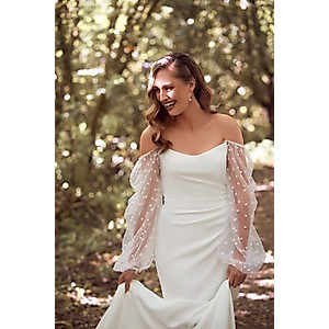 Detachable Sleeves for Wedding Dresses Pearl Tulle Illusion Removable Bridal Accessory (Ivory 04)