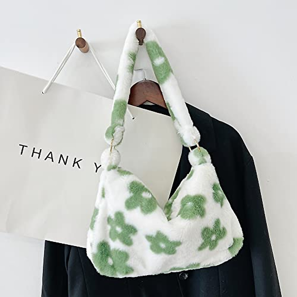 Fluffy Tote Bag Y2K Green Flower Plush Underarm Bag for Women Furry Shoulder Bag Faux Fur Tote Purse for Autumn Winter
