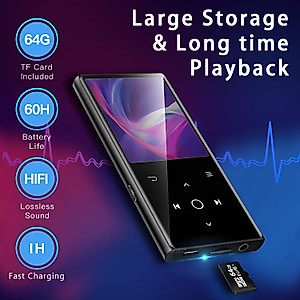 64GB MP3 Player with Bluetooth 5.0, AiMoonsa Music Player with Built-in HD Speaker, FM Radio, Voice Recorder, HiFi Sound, E-Book Function, Earphones Included