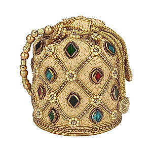 Indian Ethnic Clutch Silk Potli Batwa Pouch Bag with Beadwork Gift For Women (Golden)