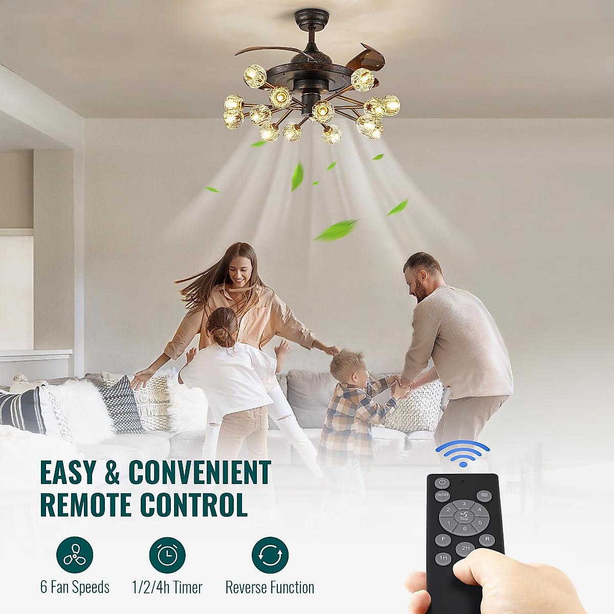 Siljoy 15-Light Vintage Ceiling Fan with Light, Black Sputnik Crystal Chandelier Fan with Remote, Retractable Fandelier with Invisible Blades for Dining Room Living Room Bedroom 36 Inch