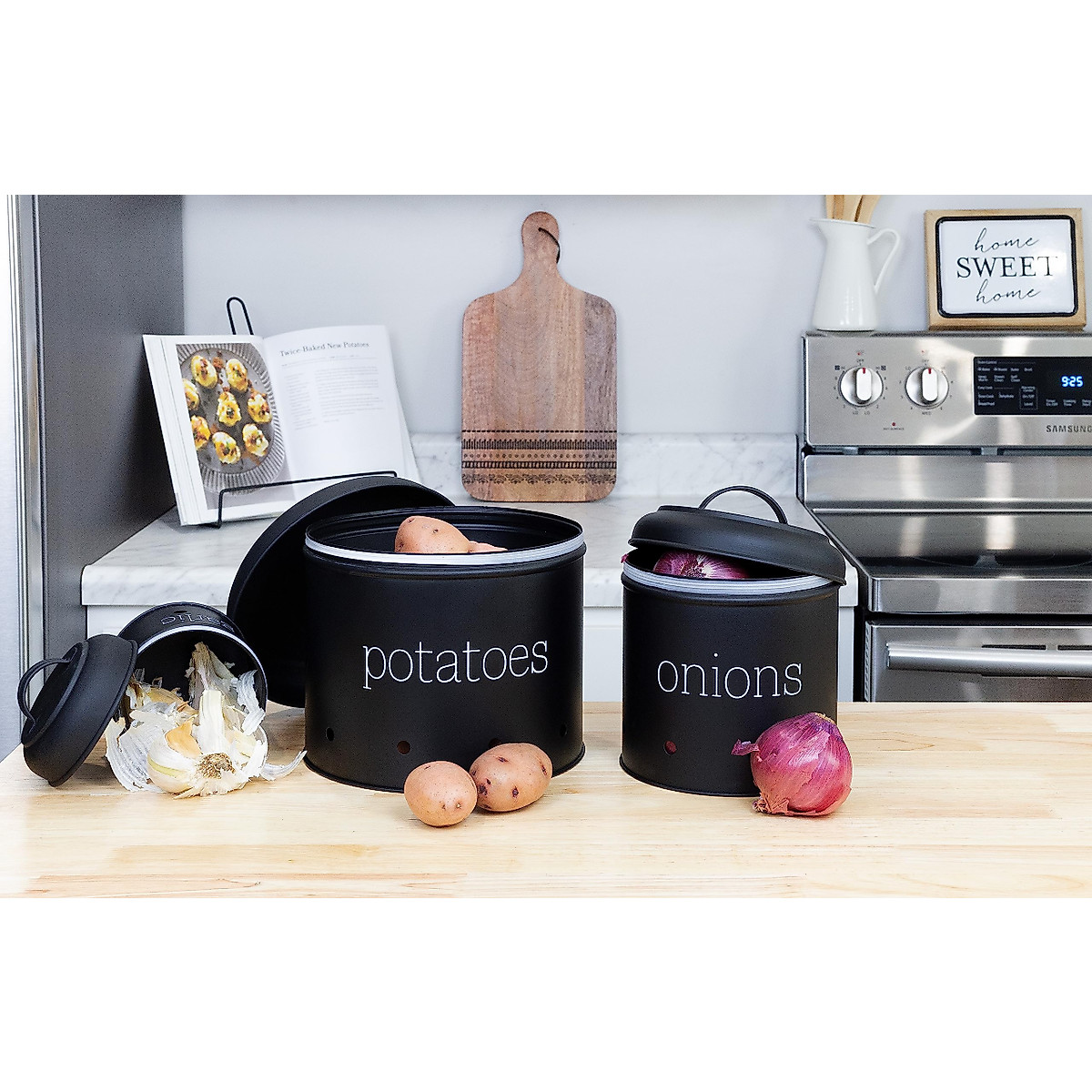 AuldHome Potatoes, Onions and Garlic Canister Set (Black); Contemporary Vegetable Storage Containers