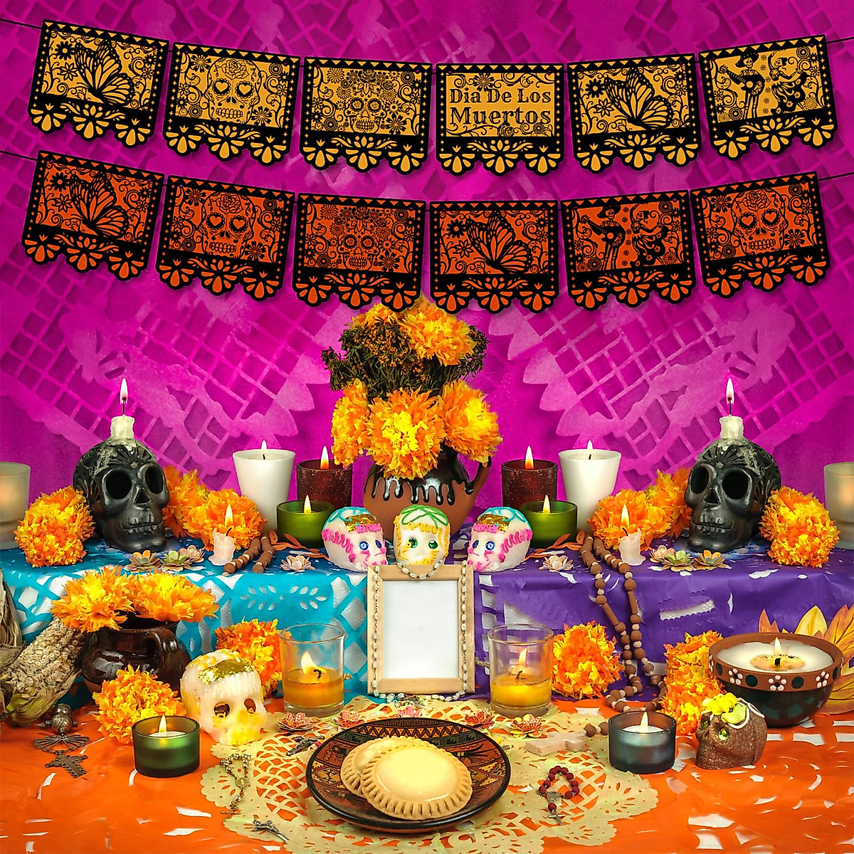 HOWAF 2 Strings Dia De Los Muertos Banners, Day of the Dead Sugar Skull Marigold Butterfly Decorations Picado Banners for Mexican Dia De Los Muertos Diwali Decor, Mexican Halloween Butterfly Hanging
