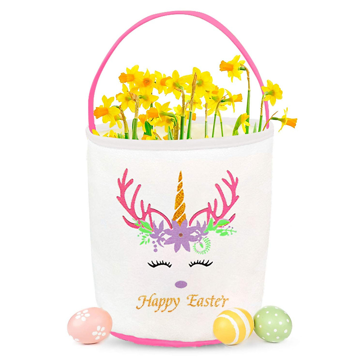 PARTYWIND Easter Baskets for Kids Egg Hunt, Easter Baskets Bag with Handles, Cute Easter Birthday Party Supplies Favors for Boys and Girls (Pink)