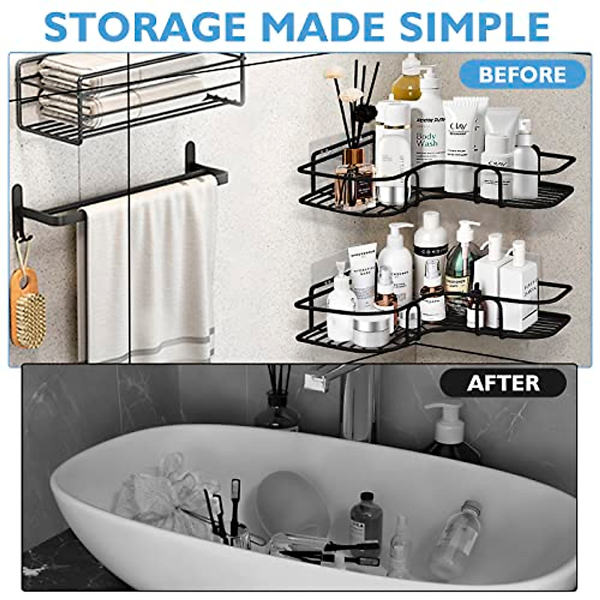 GUOLAIBA Corner Shower Caddy, 2-Pack Adhesive Shower Caddy, Rustproof Stainless Steel Bathroom Shower Organizer, No Drilling Wall Mounted Shower Rack, for Bathroom, Black