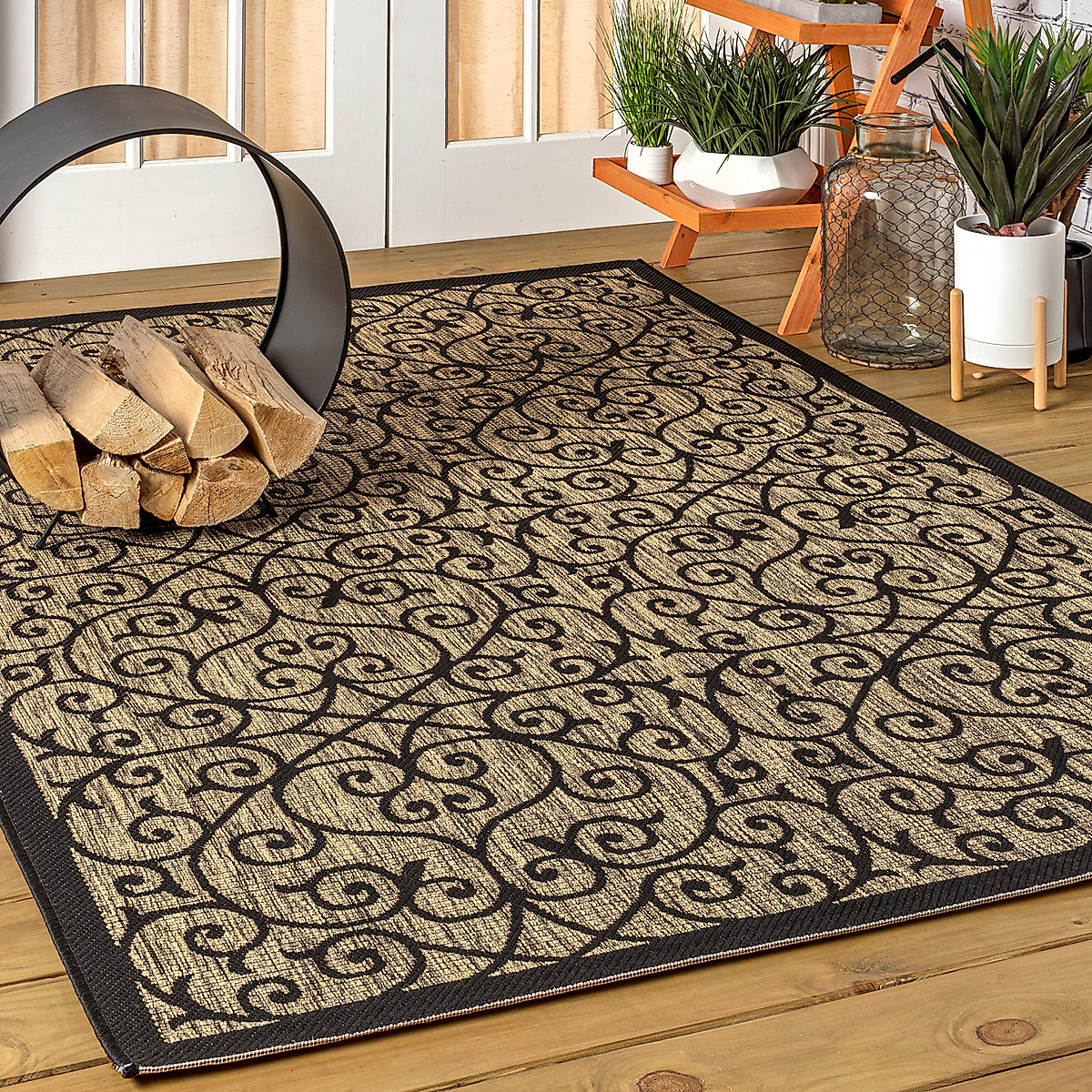 JONATHAN Y Madrid Vintage Filigree Textured Weave Indoor/Outdoor Black/Khaki 5 ft. x 8 ft. Area-Rug, Classic,Easy-Cleaning,HighTraffic,LivingRoom,Backyard, Non Shedding (SMB107A-5)