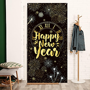 Black and Gold Happy New Year Door Cover Happy New Year Photo Backdrop NYE Decor 2024 Lunar New Years Eve Party Spring Festival Decorations and Supplies for Home