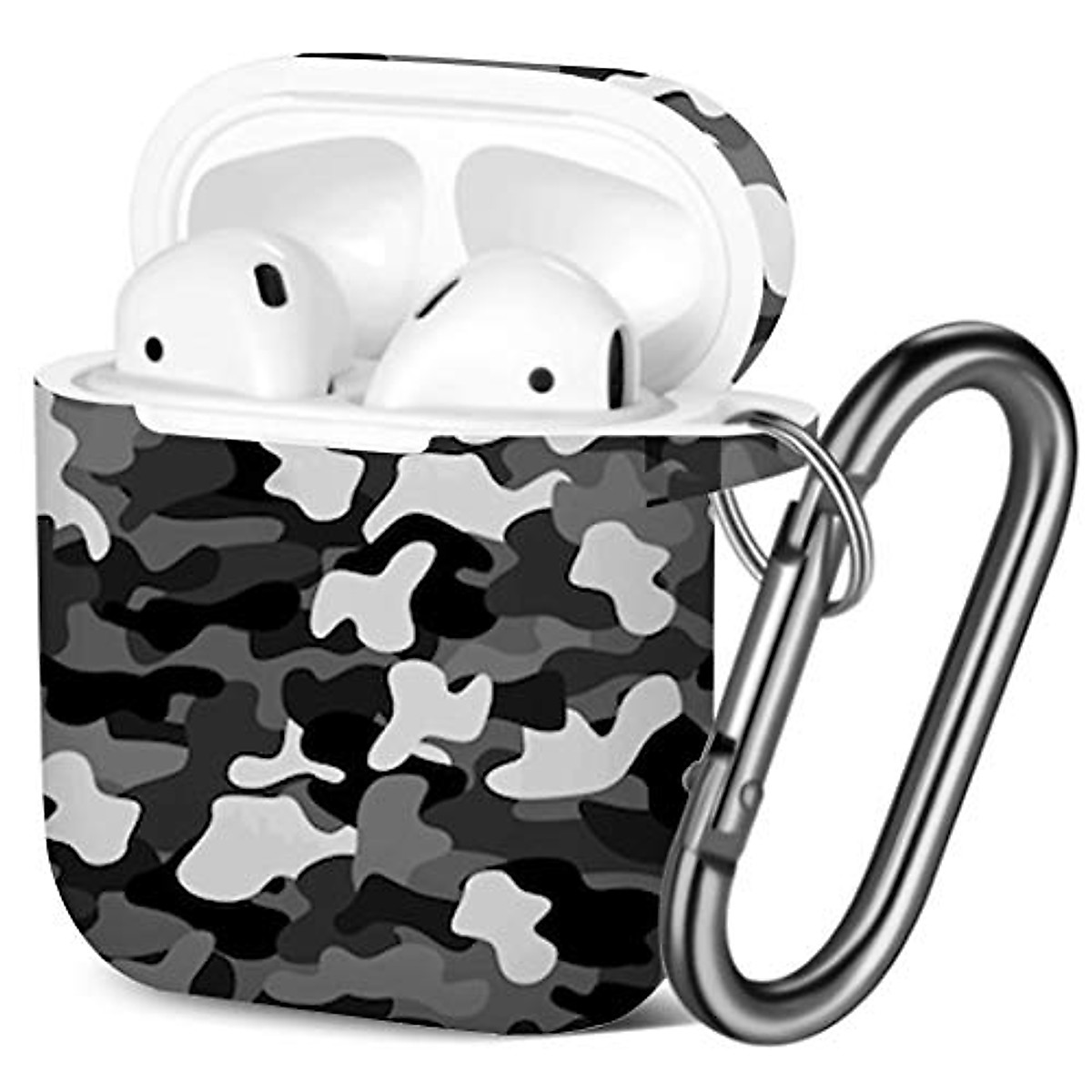 [ Compatible with AirPods 2 and 1 ] Shockproof Soft TPU Gel Case Cover with Keychain Carabiner for Apple AirPods (Camouflage Black White)