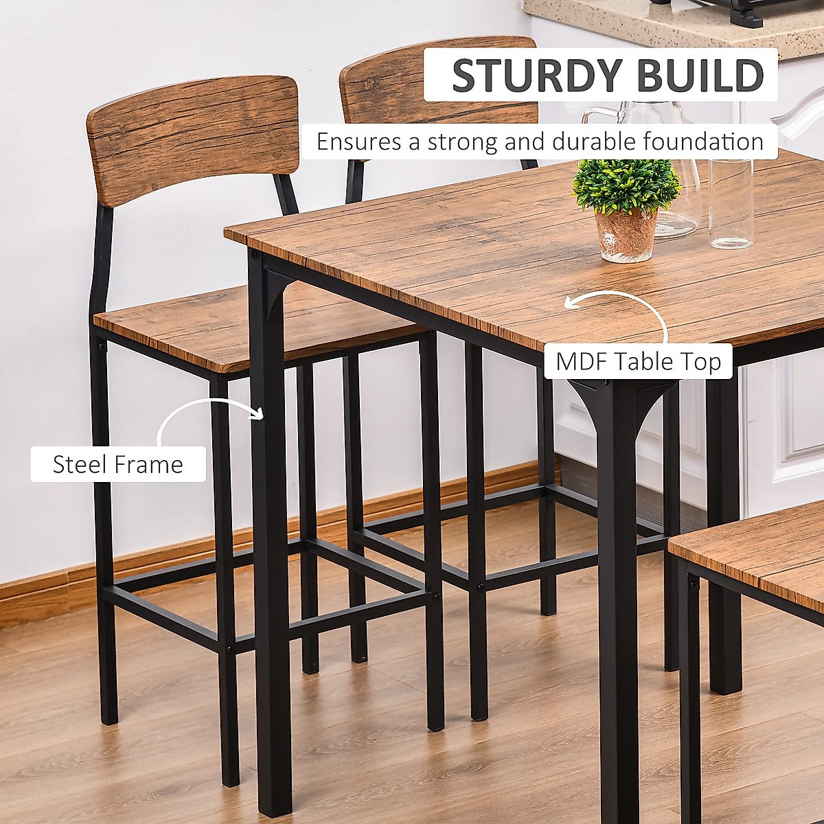 HOMCOM Counter Height Bar Table Set for 4, Square Kitchen Table and Chairs Set with Footrest, Metal Legs, Industrial Dinner Table Set for 4, Walnut