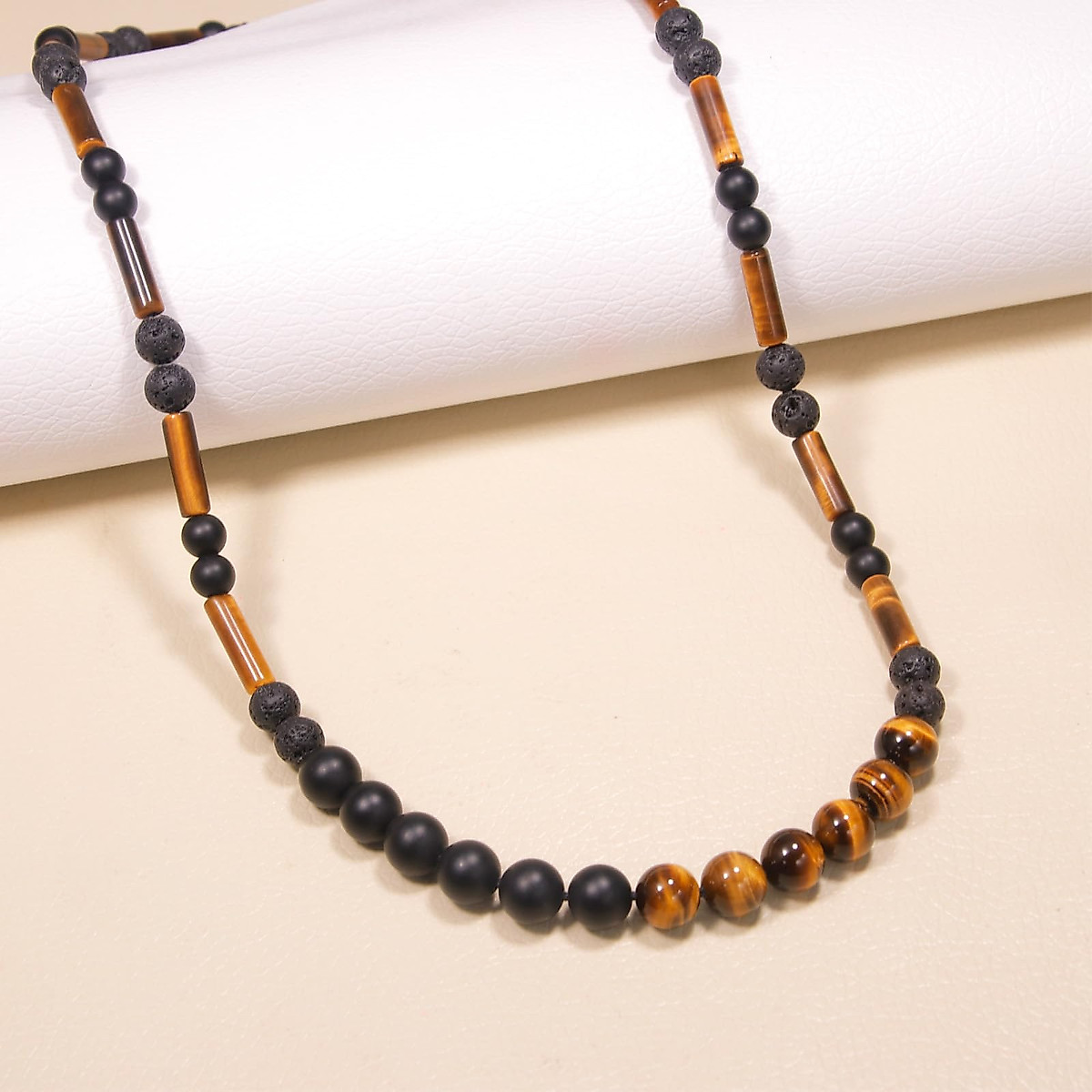 Tigers Eye Beaded Necklace for Men - Black Onyx Lava Rock Beads Necklace for Essential Oil Diffuser, Mens Protection Stone Beads Necklaces Spiritual Jewelry Birthday Gifts for Husband and Boyfriend