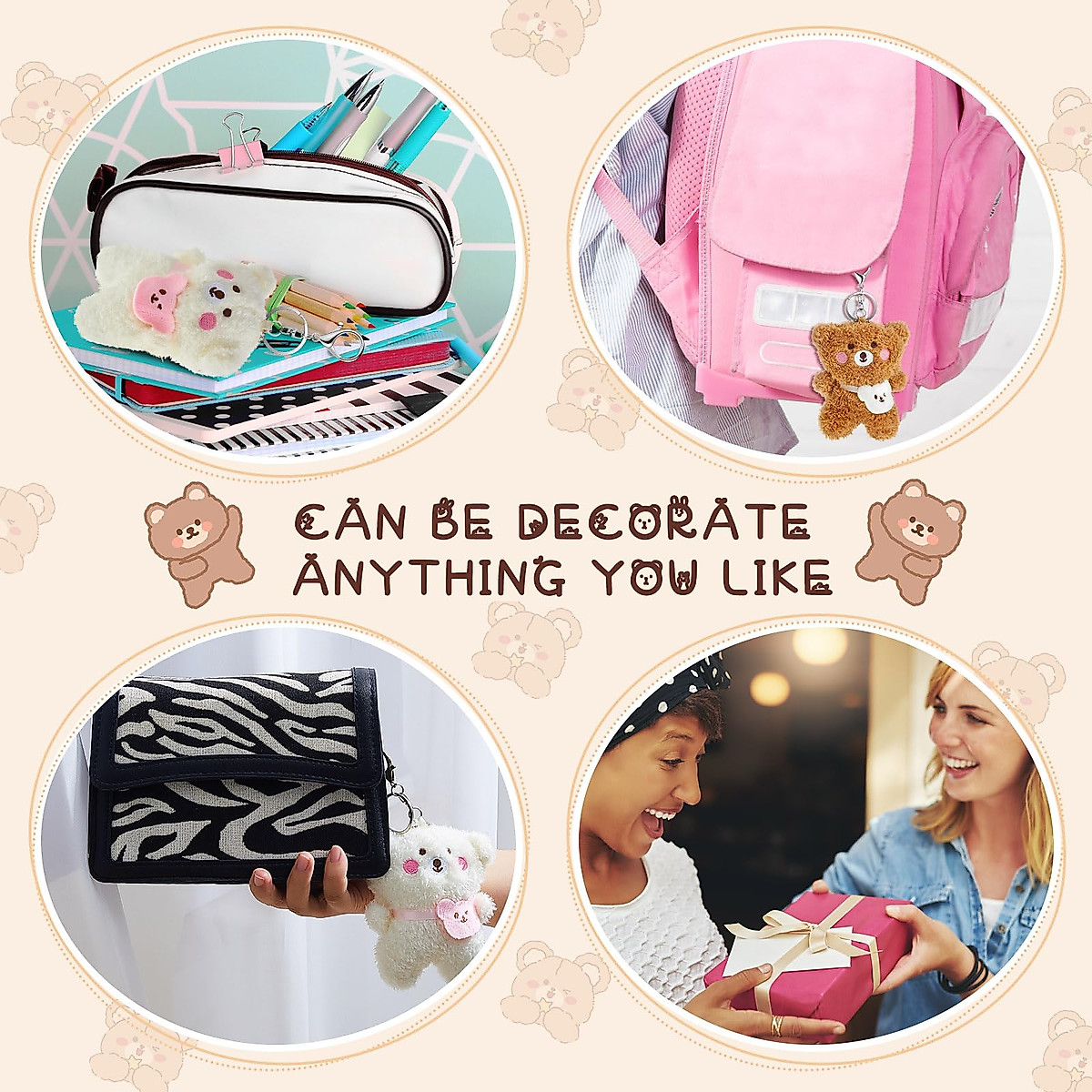 Henoyso 6 Pcs Plush Bear Keychain for Backpacks Aesthetic Stuffed Animal Keyring Pendant Mini Fluffy Cute Keychain Bear Backpack Charms Kawaii Keychain Plush for Birthday Gifts Party Favors, 2 Colors