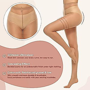 MANZI 6 Pairs Women's 20D Sheer Silky Pantyhose Run Resistant Nylon Tights High Waist Stockings with Control Top (6 Natural,M)