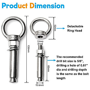 MroMax Expansion Lifting Eyebolt M12x90mm Eye Ring Bolt 5.12" Length 304 Stainless Steel Expansion Bolts with Nuts Eye Hooks Anchor Fastener for Concrete Wall Masonry Ceiling Silver 2Pcs