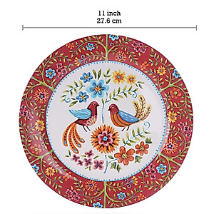 Bico Red Spring Bird Ceramic Dinner Plates Set of 4, 11 inch, for Pasta, Salad, Maincourse, Microwave & Dishwasher Safe