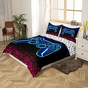 Gamer Bedding Set for Kids Boys Girls Gaming Honeycomb Geometric Comforter Cover Set King Size Video Game Gamepad Duvet Cover Bedroom Decor Gamer Blue Red Bedspread Cover Bedding Collection 3Pcs