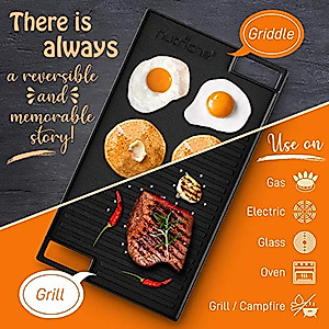NutriChef Cast Iron Reversible Grill Plate - 18 Inch Flat Cast Iron Skillet Griddle Pan For Stove Top, Gas Range Grilling Pan w/ Silicone Oven Mitt For Electric Stovetop, Ceramic, Induction.