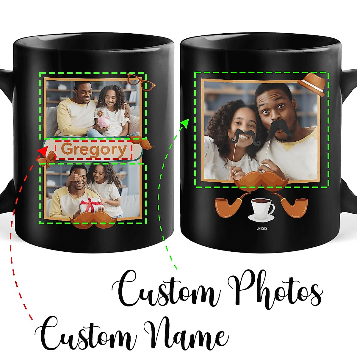 Black Ceramic Coffee Mug Photo Mugs Personalized Picture Custom Name Birthday Gifts For Fathers Day Men Dad Grandpa Husband Drinking Tea Cups Table Desk Accessories 11 and 15 Oz