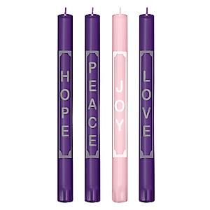 Advent Candles with Words Love, Peace, Hope, Joy On The Candles - Christmas Advent Candle Set of 4 for Advent Rings and Advent Wreaths- Premium Hand Made - Self Fitting End - for Church Advent Wreath