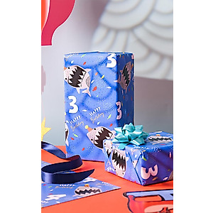 LeZakaa 3rd Birthday Wrapping Paper Sheets - Sharks with Birthday Hat Design - Perfect for Boys, Girls, Kids - 27.5 x 19.6 inches - 6 Sheets (22.4 sq.ft.ttl.)