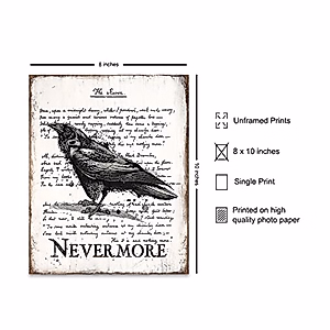 The Raven Wall Art & Decor - Nevermore - Edgar Allan Poe Gift - Goth Room Decor - Gothic Home Decor - Creepy Poem Poetry Wall Art - Vintage Rustic Decoration - Retro Style Poster Print 8x10 UNFRAMED