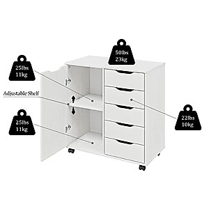 Panana 5-Drawer Chest with 1 Door, Wooden Chest of Drawers Storage Dresser Cabinet with Wheels, Office Organization and Storage, Bedroom Furniture