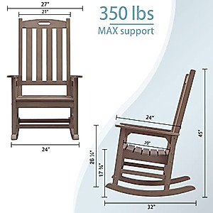 Psilvam Patio Rocking Chair, Poly Lumber Porch Rocker with High Back, 350Lbs Support Rocking Chairs for Both Outdoor and Indoor, Poly Rocker Chair Looks Like Real Wood (Brown)