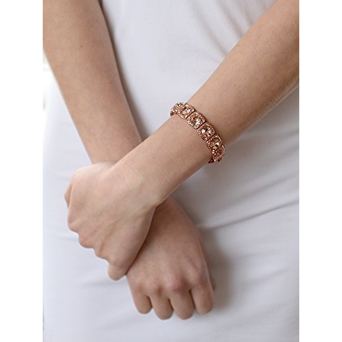 Mariell Pink Rose Gold Crystal Stretch Bracelet, Adjustable Bangle for Weddings, Prom, Bridesmaids, Gift