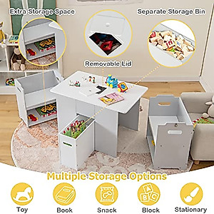 Costzon Kids Table and Chair Set, 4-in-1 Activity Table and 2 Chairs Set for Drawing, Reading, Multi-Purpose Kid’s Desk w/Lid, Removable Under Table Storage Bin, Stackable Chairs Cabinet (Grey)