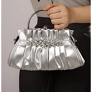 Sither Small Color Handbag Purses for Women Leather Handbag Purses with Crystal Clutch Purses Shoulder Chain Bags for Daily Party Prom Christmas Gift (silver)