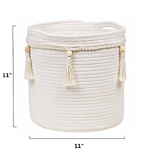 guzhiou Boho Basket with Cute Macrame Woven Tassel, Cotton Rope Storage Bins Organizer for Boho Room Decor,Bedroom Decor,Plant Basket 11"X11"