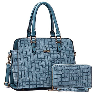 Qiyuer Women Satchel Top Handle Bag Wallet Purse,Purses Work Tote Bags Set 2pcs Blue