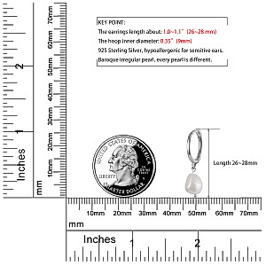 Small Pearl Huggie Hoop Earrings with Dangle for Women, Sterling Silver Drop Huggie Earring with Charm for Everyday