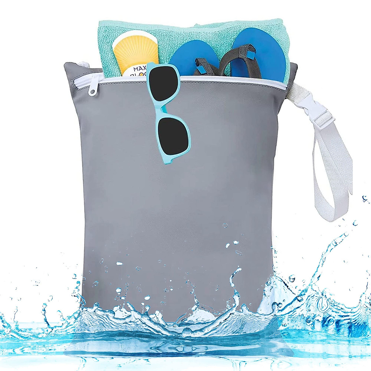 YaKuss Wet Dry Bags for Baby Cloth Diapers, Waterproof Reusable with Two Zippered Pockets and Stroller Strap Travel Beach Pool Yoga Gym Bag for Swimsuits, Soiled Baby Item & Wet Clothes -Grey, S