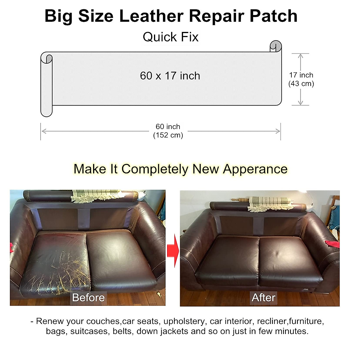 ILOFRI Large Leather Repair Patch 60x17 inch, Self Adhesive Vinyl and Leather Repair Tape Kit for Couch, Car Seat, Furniture, Upholstery, Sofa, Chairs, Handbags - Beige White