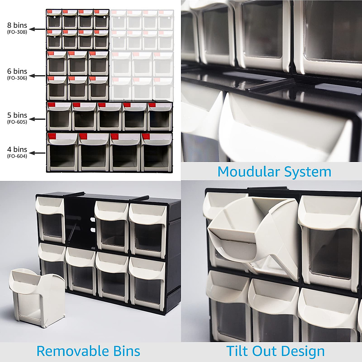 SHUTER Small Parts Tool Organizer, Tilt Out Stackable Craft Sewing Cabinet, Garage Storage, Dental Tip Out Bin Design, 8 Compartment, Warehouse Kits Included, Black, FO-308