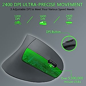 Mcpiwohy Ergonomic Mouse, Optical Vertical Mouse Rechargeable USB Mouse 2.4GHz Wireless Mouse with 6 Buttons,3 Adjustable 1200/1600/2400 DPI for Laptop, Desktop, PC, MacBook (Dark Grey)