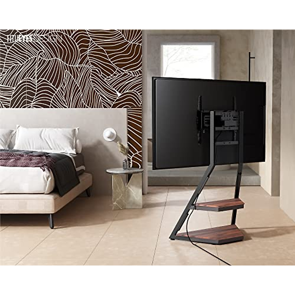 FITUEYES Design Corner TV Stand for 32 37 43 55 65 Inch TV, TV Cart Floor Stand with Mount for LCD/LED Flat Curved Screens, Modern Floor TV Stand with Wooden Storage Shelves, Eiffel Series