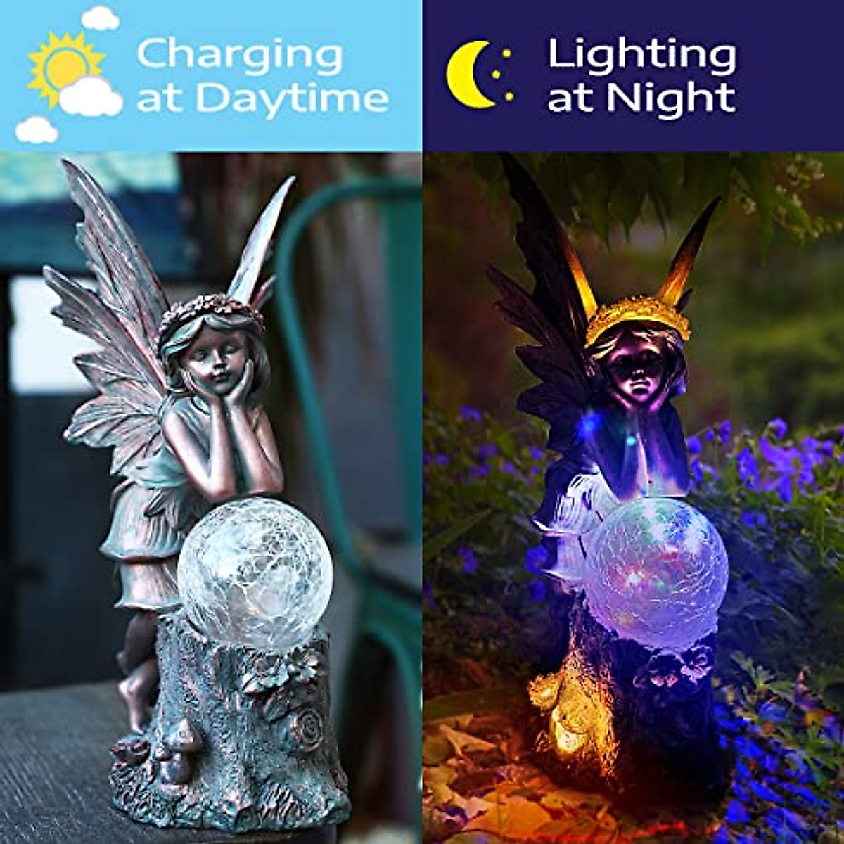 MIBUNG 13.2 Inch Large Fairy Angel Garden Statue Sculpture with Glass Ball Solar Lights, Bronze Fairy Elf Girl Outdoor Figurine Patio Yard Lawn Outside Decor, Housewarming Birthday Ornament Gift