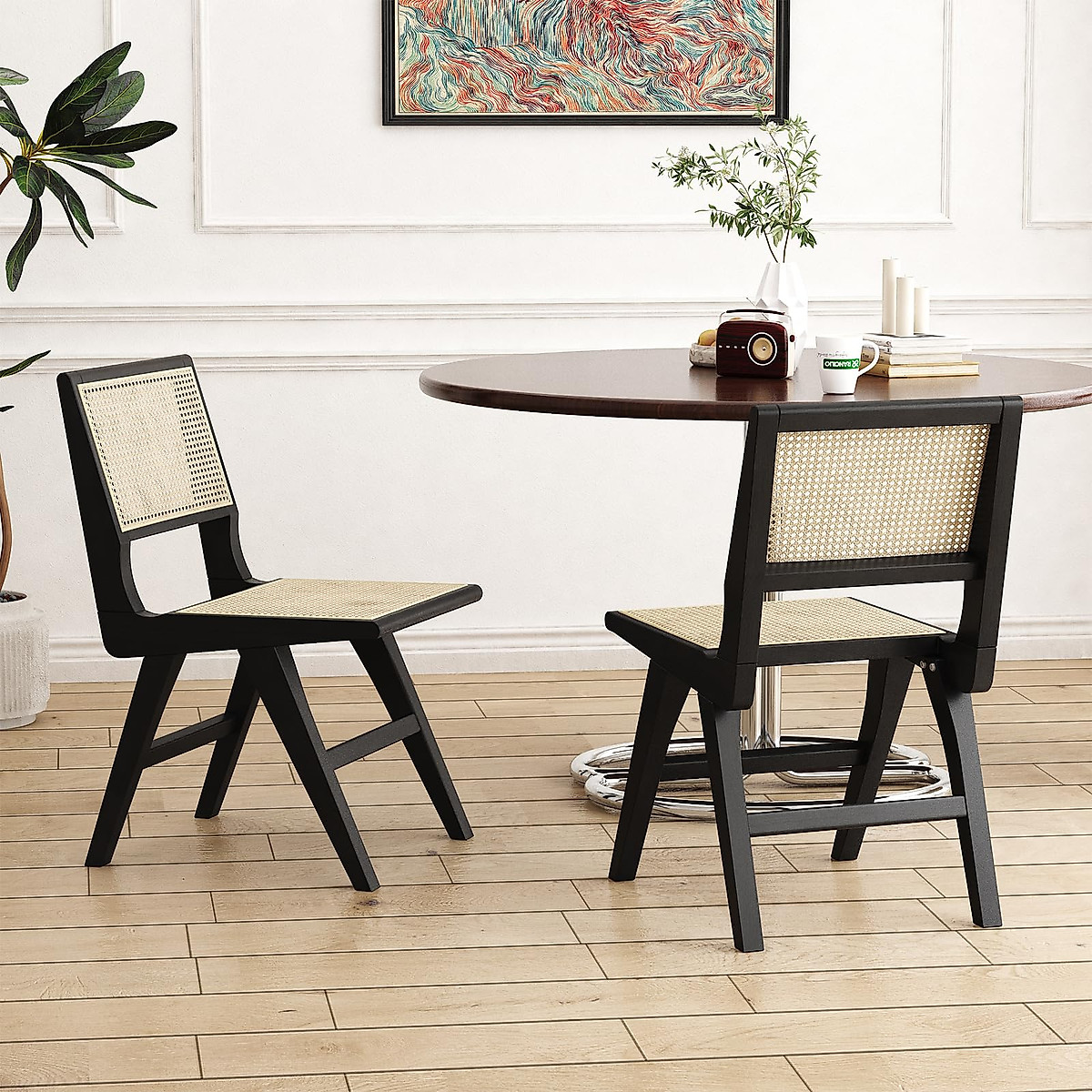 Accent Chair Dining Chairs Set of 2, Solid Wood Frame Boho Rattan Chair, Mid Century Modern Accent Chairs for Living Room Bedroom Dining Room Kitchen(Black)