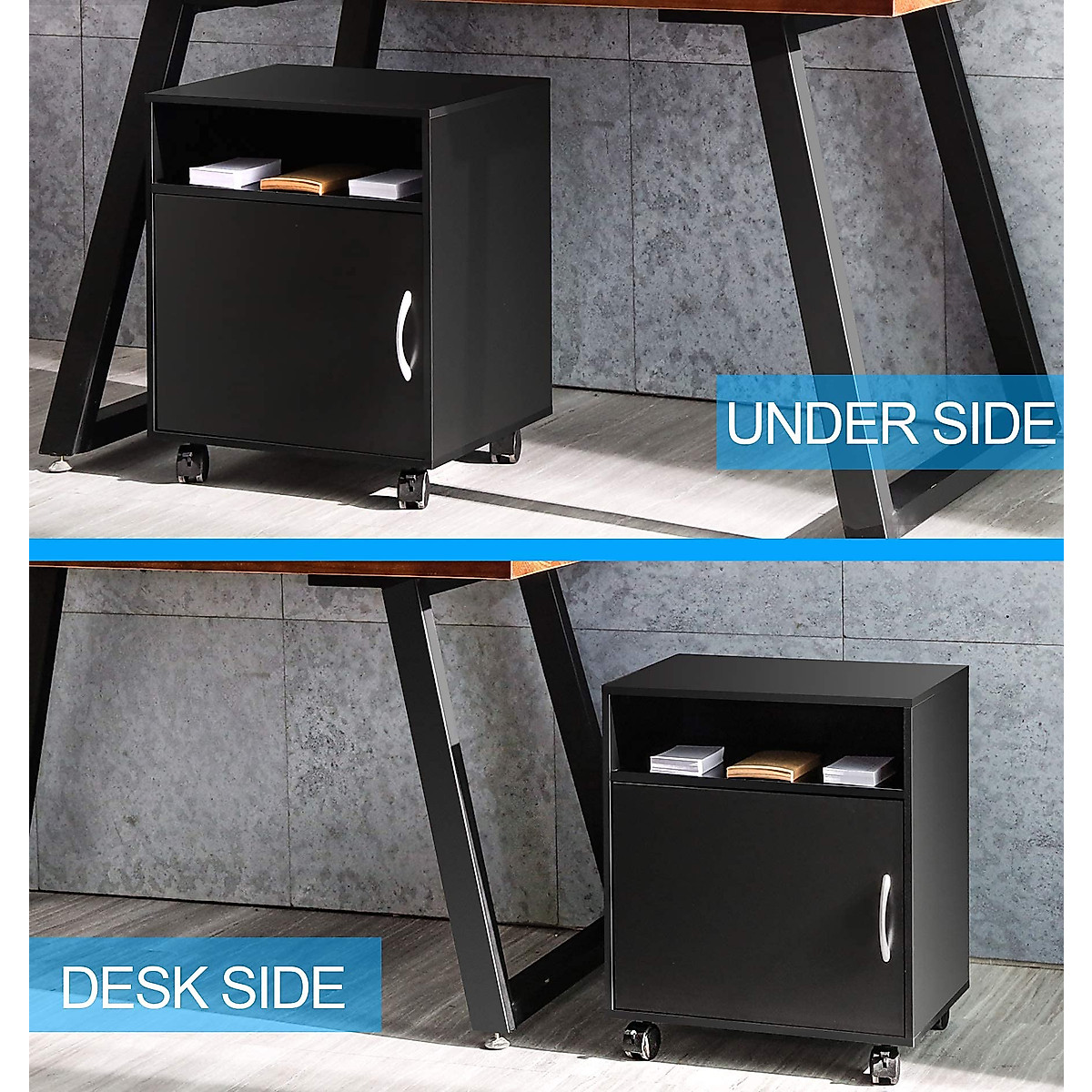 FITUEYES Printer Stand with Adjustable Storage Shelves, Mobile Black Wood Work Cart on Wheels, Rolling File Cabinet with Door for Home Office, PS404801WB