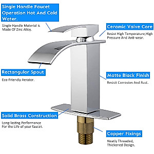 Brass Waterfall Bathroom Faucet Single Handle Bath Vanity Sink Faucet Chrome Commercial Basin Mixer Faucet with Pop Up Drain Stopper Overflow Supply and Deck Mounted (Chrome)